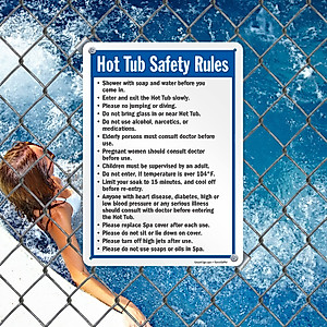 SmartSign 14 x 10 inch “Hot Tub Safety Rules” Metal Sign with Pre-Cleared Holes, 40 mil Laminated Rustproof Aluminum, Blue, Black and White, Made in USA