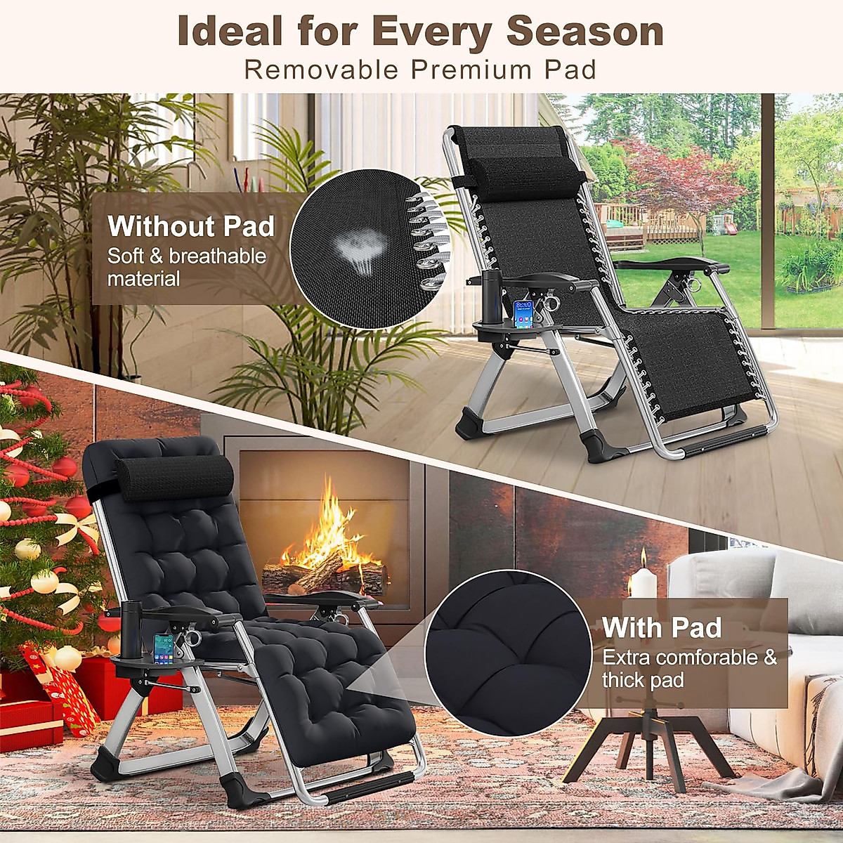 DoCred Comfy Chair, Folding Chair Recliner Chair for Bedroom and Living Room, Folding Reclining Patio Chairs Lounge Chair with Removable Cushion for Indoor Outdoor