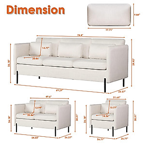 LINLUX 3 Piece Living Room Sectional Sofa Set, Modern Upholstered Loveseat Sofa Couch w/Pillows, Fabric Furniture Set for Living Room, Bedroom, Apartment, Dorm, Office, Cream Beige