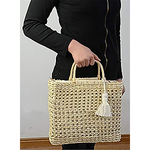 QZUnique Women's Summer Straw Shoulder Bag Lining Handbag Tassel Wooden Handles Handwoven Crossbody Hobo Bag Purse
