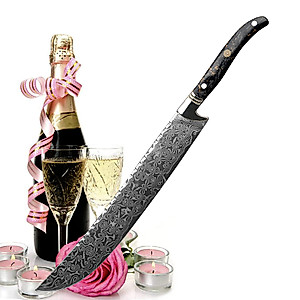 Leopcito Damascus Champagne Saber, 16-1/2 inches Champagne Sword with Forged Damascus Blade, Sparkling Wine Champagne Knife, Bottle Wine Opener Wedding Gift Birthday Housewarming Home Bar