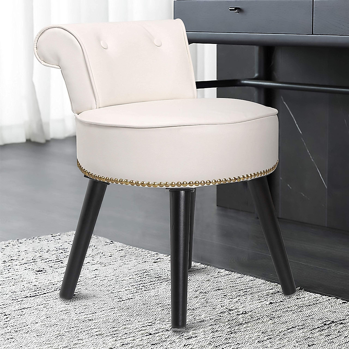 MUPATER Makeup Vanity Stool Chair with Low Back, Round Leather Padded Chair with Wood Legs, White