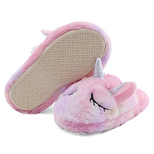 KAKU NANU Kids Slippers Fluffy Slippers Warm Rainbow Slippers Memory Foam Home Slides for Girls Boys(8.5-9.5 little kid)