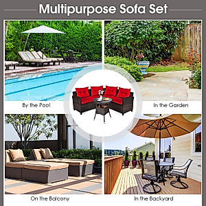 DORTALA 4-Piece Sectional Furniture Patio Set L-Shape Outdoor Wicker Sofa Set w/Cushions & Sophisticated Glass Coffee Table Couch Modern Deck Rattan Furniture for Garden Poolside Balcony, Red