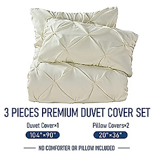 Tyfitb Pinch Pleat Duvet Cover King Size Beige Oversized Duvet Cover Set 3 Piece Floral Pintuck Bedding Set with Zipper Closure