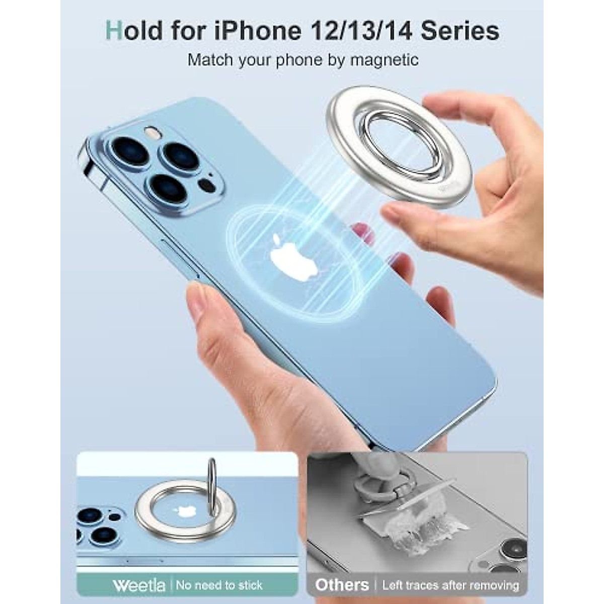 Weetla Magnetic Phone Ring for MagSafe, Magnetic Phone Grip, Phone Ring Holder Stand, Adjustable Kickstand for iPhone 14/13/12(Plus,Mini,Pro, Pro Max), Smartphone Accessories