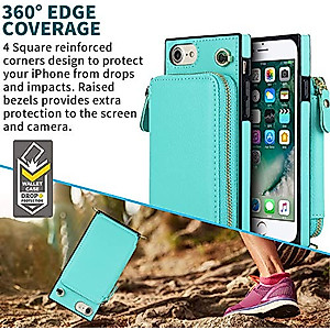 DEFBSC Zipper Wallet iPhone 8 Case, iPhone 7 Case, iPhone SE 2020/ SE 2022 Case, PU Square Wallet Case with Crossbody Chain Credit Card Holder Slot Shoulder Handbag Purse Wrist Strap Case(Green)