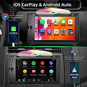 Double Din Car Stereo with CD/DVD Player Apple Carplay & Android Auto, 7 Inch Car Radio with Bluetooth and Backup Camera, Touch Screen, Mirror Link, Steering Wheel Control, USB/TF/AUX Input, AM/FM