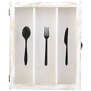 MyGift Rustic Whitewashed Wood Cutlery Tray Case with Acrylic Lid and Latch Lock, Buffet Table Utensils Flatware Server Caddy, Spoon and Fork Holder