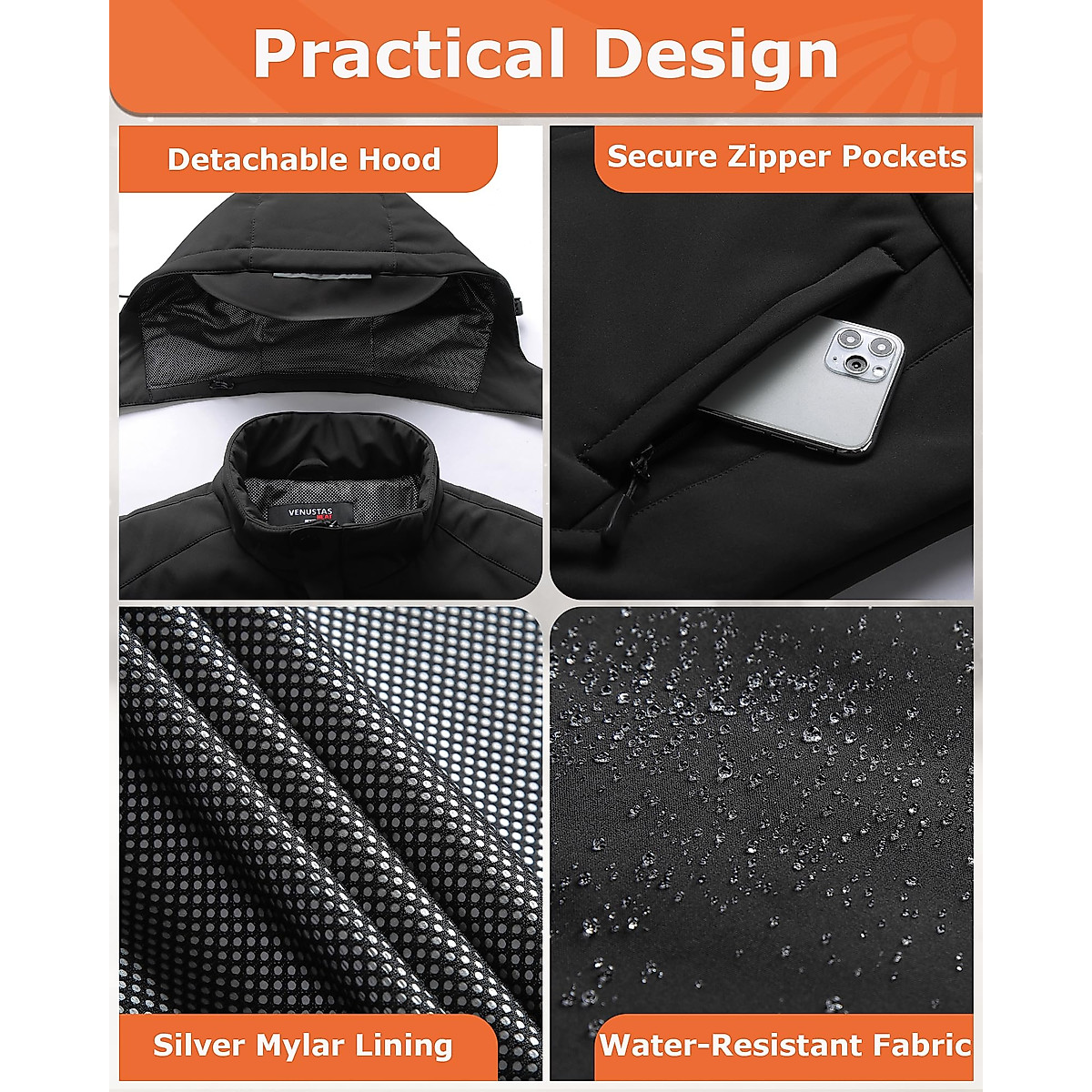 Venustas Women's Heated Jacket with Battery Pack 7.4V, Windproof Electric Insulated Coat with Detachable Hood Slim Fit