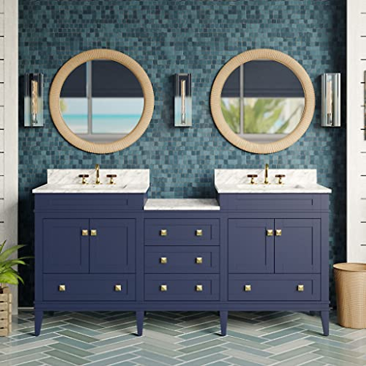 Kitchen Bath Collection Eleanor 72-inch Double Bathroom Vanity (Carrara/Royal Blue): Includes Royal Blue Cabinet with Authentic Italian Carrara Marble Countertop and White Ceramic Sinks