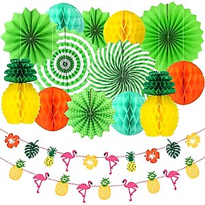 Anwyll Summer Hawaiian Party Decorations Set, Tropical Flamingo Banner Party Decorations,Hanging Paper Fans,Honeycomb Balls, Pineapple Decorations For Summer Luau Beach Party, Birthdays, Wedding