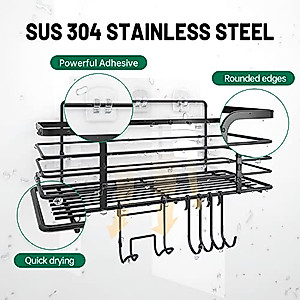 Shower Caddy Basket Shower Racks for Inside Shower Shelf with Soap Dishes and 5 Hooks, 304 Stainless Steel No Drilling Traceless Adhesive Bathroom Storage Organizer, 2 Pack, Black