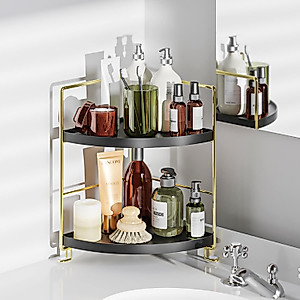 KINGBERWI 2-Tier Bathroom Corner Counter Organizer, Makeup Storage Shelf Vanity Tray, Bathroom Sink Countertop Organizer, Black