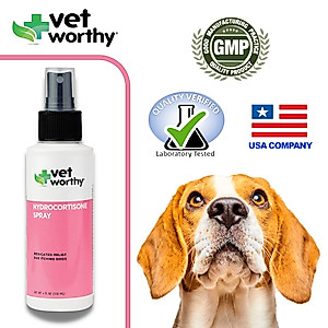 Vet Worthy Hydrocortisone Spray for Dogs - Medicated Itch Relief for Hot Spots, Eczema, Bites, Skin Irritations - Dog Wound Care Spray with Hydrocortisone Acetate and Aloe Vera - 4oz.