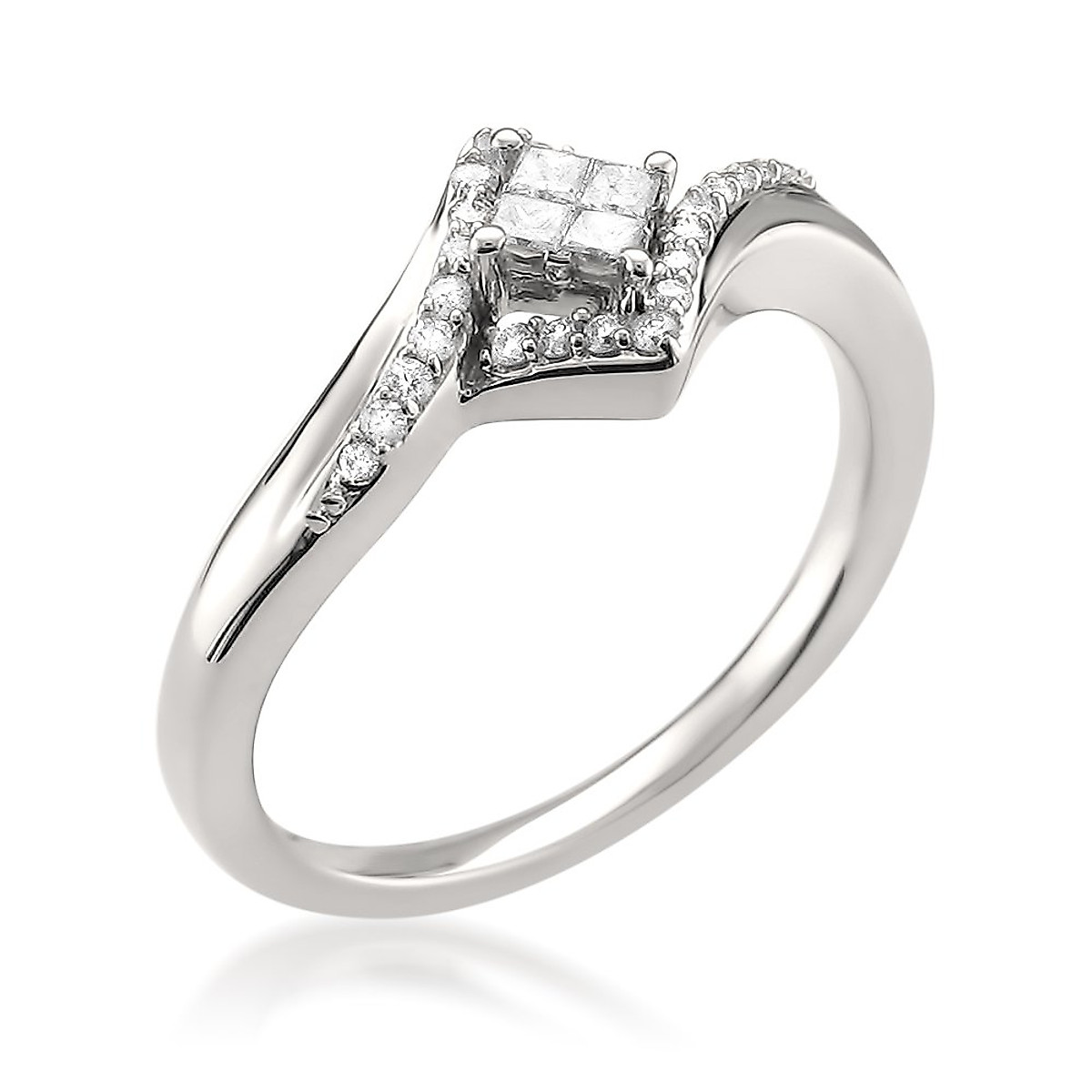 Beyond Brilliance 1/4 Carat Diamond, Invisible-Set 14K White Gold Princess Cut & Round Diamond Invisible-Set Engagement Ring (I-J, I1-I2)