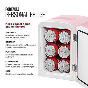 Chefman Mini Portable Pink Personal Fridge Cools Or Heats & Provides Compact Storage For Skincare, Snacks, Or 6 12oz Cans W/ A Lightweight 4-liter Capacity To Take On The Go