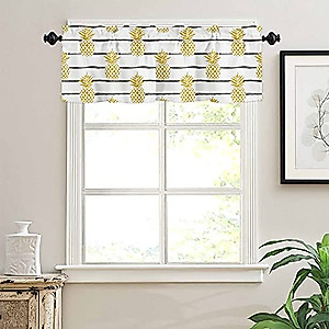 Comforance Gold Pineapple Valance for Kitchen Rod Pocket, Semi Blackout Small Drapes Rod Pocket Window Treatment Valances for Kitchen Bathroom Decor 54x18inch Tropical Fruit with Black White Stripes