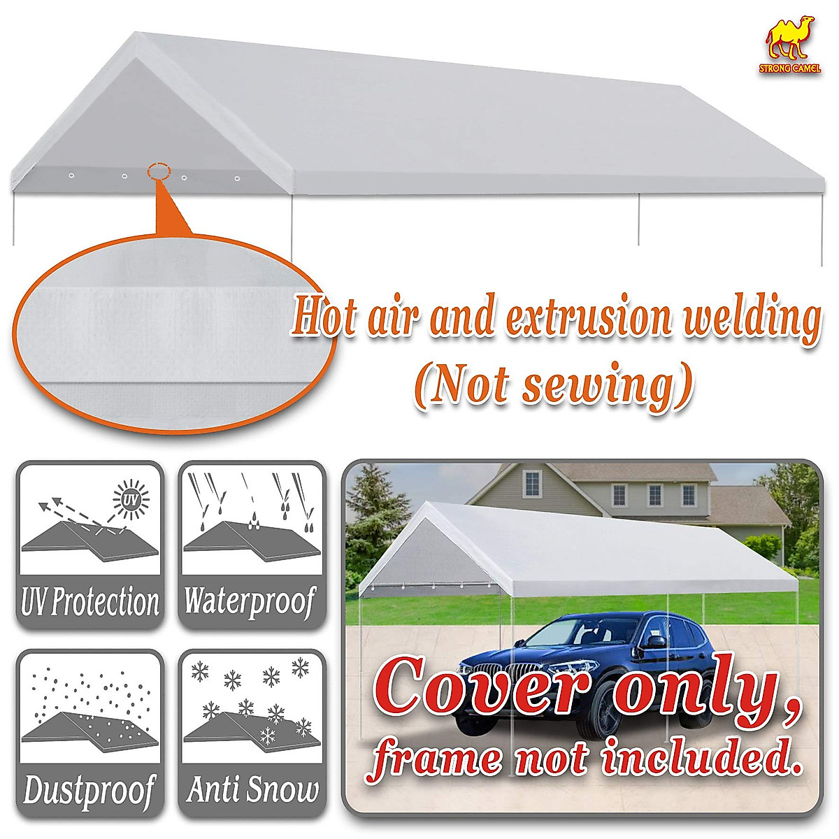 Strong Camel 10 x 20-Feet Carport Replacement Canopy Cover for Tent Top Garage Shelter Cover w Ball Bungees Waterproof (Only Cover, Frame is not Included) (10' x 20' with Edge)