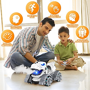 Remote Control Cars Dinosaur Trucks, 2.4 GHz Rechargeable RC Cars Dinosaur Toys for Boys Kids Age 4-7 8-12 With Light Sound Spray, 360°Rotation Drift 1:14 RC Dino Monster Truck, Gifts for Boys (White)