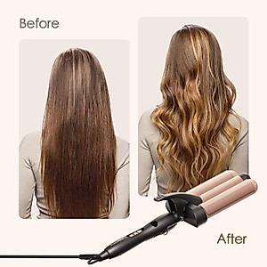 3 Barrel Curling Iron Wand, 1.25 Inch Ceramic Tourmaline Triple Barrels，Temperature Adjustable Portable Crimper Hair Iron for Beach Waves, Hair Waver Heats Up Quickly with LCD Temp Display（Rose Gold）
