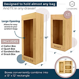 LandHome Ziplock Bag Organizer for Drawer - Bamboo Kitchen Food Storage Bag Organizer Holder, Gallon Quart Snack and Sandwich Baggie Organizer Compatible with Ziploc Solimo and More, Set of 4