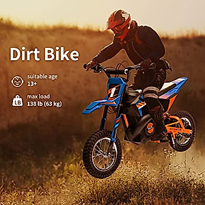 24V Electric Off-Road Motorcycle,250W Motor 13.6MPH Fast Speed Motocross,Leather Seat Dirt Bike,Twist Grip Throttle,Metal Suspension,Air-Filled Tires,for Kids Teens Age 13+ (Blue)