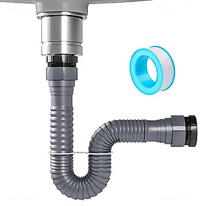 NiHome Expandable Flexible 1 1/2" or 1 1/4" P-Trap Pipe for Single Kitchen Sink, with Adapter Sealing Ring Tape Drain Tubing Pipe Kit for Kitchen Sink Drain & Garbage Disposal (Grey)