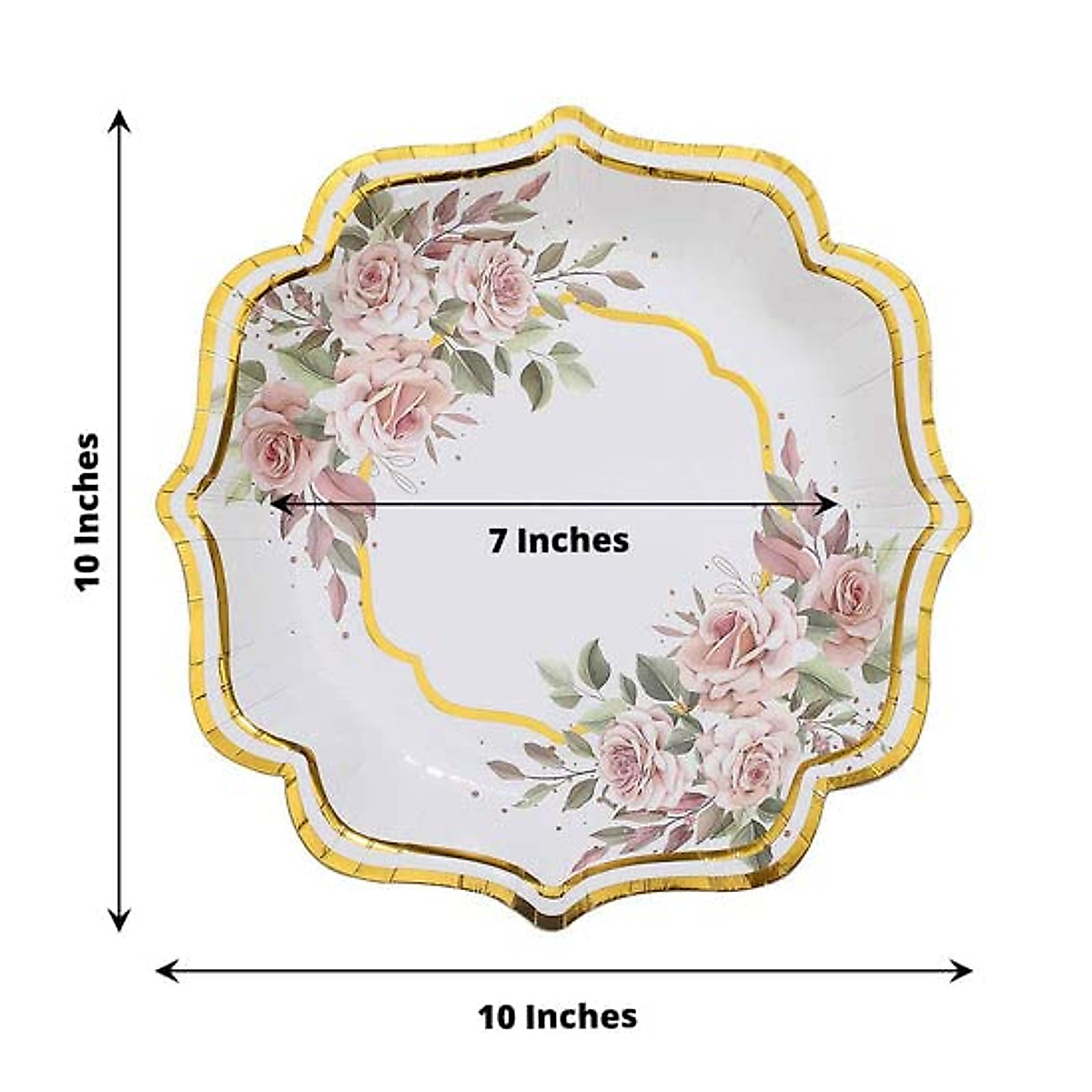 Tableclothsfactory 25 Pack | White/Gold Floral 10" Scallop Rim Dinner Party Paper Plates, Disposable Plates - 300 GSM