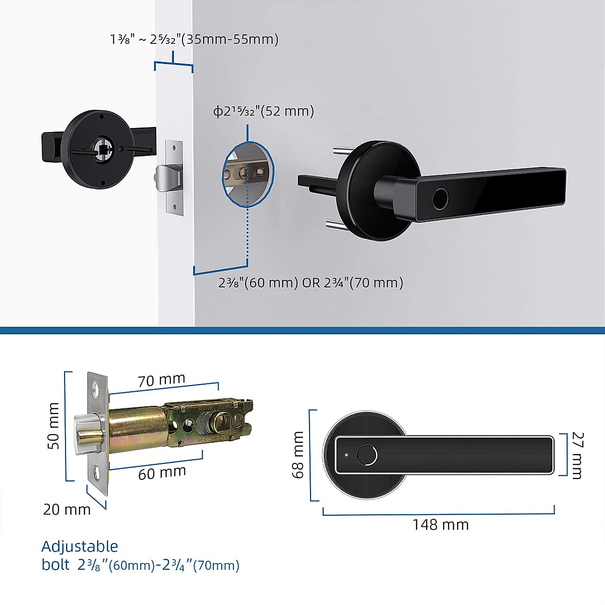 KUCACCI Smart Door Lock, Fingerprint Door Lock, Smart Locks Front Door, Smart Door Knob, Digital Door Lock, Bluetooth Door Lock, Smart Lever Door Lock for Bedroom Office Home(2nd Gen Black)