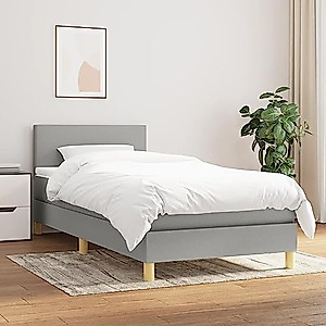 vidaXL Bed Frame, Box Spring Bed Single Platform Bed with Mattress, Bed Frame Mattress Foundation with Headboard for Bedroom, Light Gray Twin Fabric