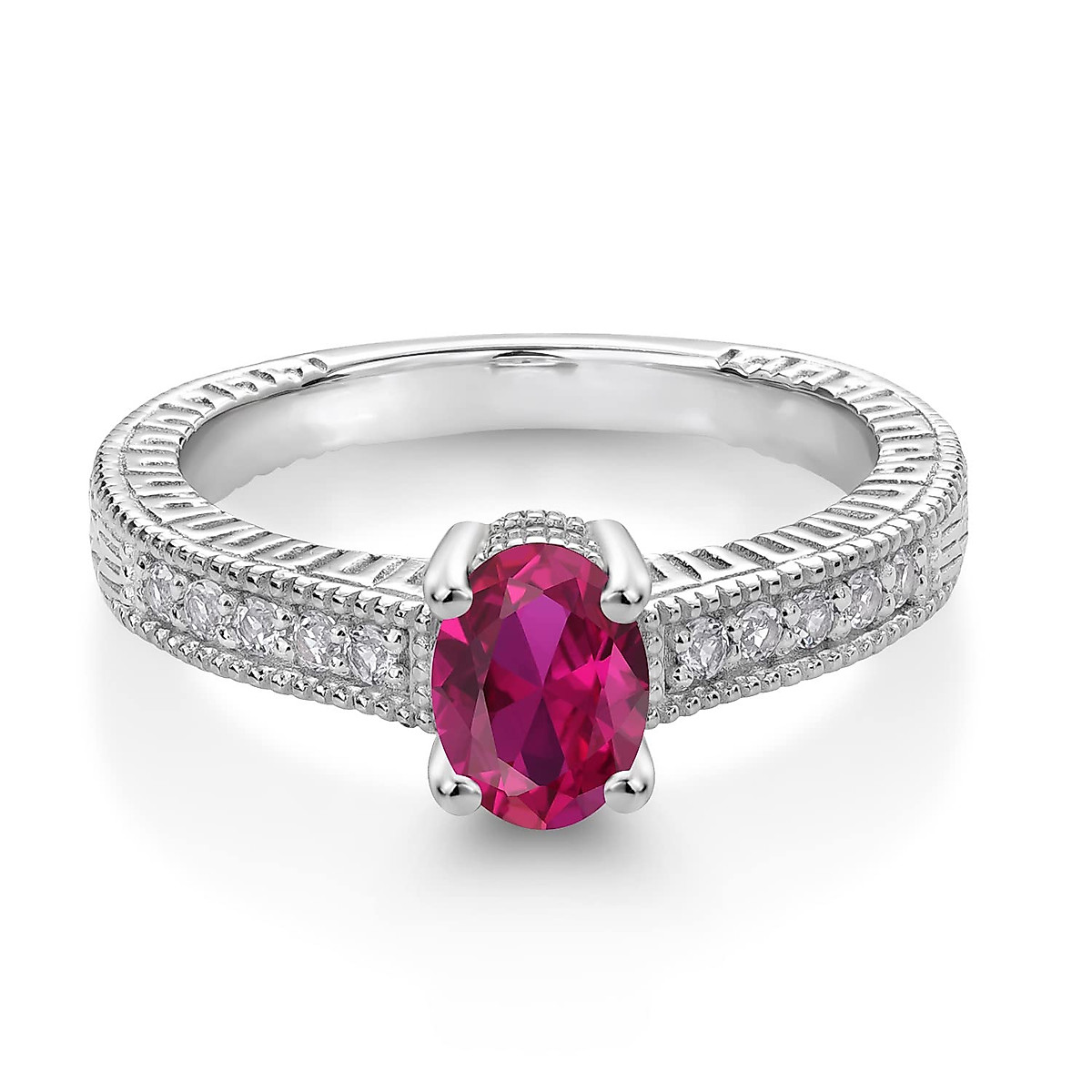 Gem Stone King 925 Sterling Silver Oval Red Created Ruby and White Moissanite Women Engagement Ring (1.00 Cttw, Available In Size 5, 6, 7, 8, 9)