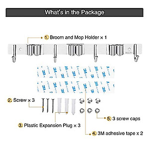 POPRUN Broom Mop Holder Wall Mount Stainless Steel Garden Tool Hanger Garage Organizer Home Kitchen Laundry Storage, 3 Racks 4 Hooks, Grey