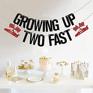 Growing Up Two Fast Banner, Happy 2nd Birthday Decorations, Race Car Theme Party Decors, Racing Party Second Birthday Party Supplies Black Red Glitter