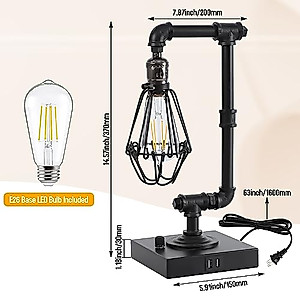 Lodstob Steampunk Lamp, Fully Stepless Dimmable Industrial Table Lamp with Dual USB Ports, Vintage Rustic Desk Lamp for Bedroom, Office, Living Room (Bulb Included)