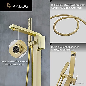 Kalog Single Handle Freestanding Tub Filler Floor Mount Bathtub Faucet with Square Handheld Shower (Brushed Gold-E)