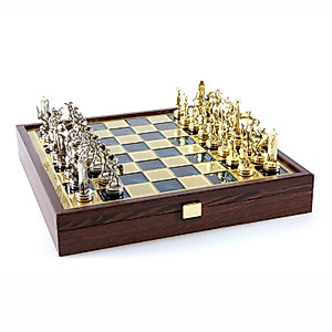 Manopoulos Greek Mythology Chess Set - Brass&Nickel - Wooden case Blue Board