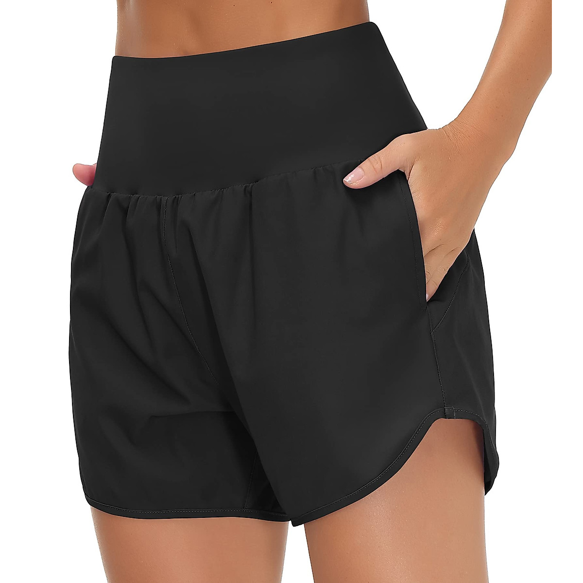 THE GYM PEOPLE Women’s High Waist Running Shorts with Liner Athletic Hiking Workout Shorts Zip Pockets (Black, Medium)