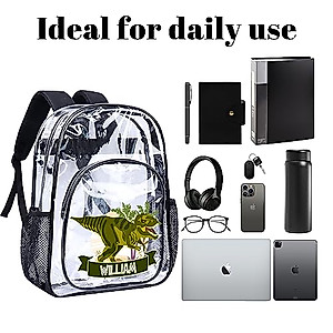 J&SBGFT Personalized Clear Backpack for Boys,Custom Dinosaur Clear Backpacks with Name,Transparent Backpack with Reinforced Strap,See Through Book Bag,Waterproof Heavy Clear Book Bag for School