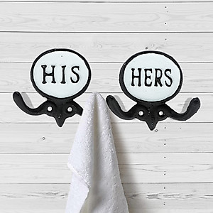Wallcharmers Set of 2 His and Hers Towel Hooks for Bathrooms, Mr & Mrs. Farmhouse and Rustic Bathroom Hooks for Towels, Black & White