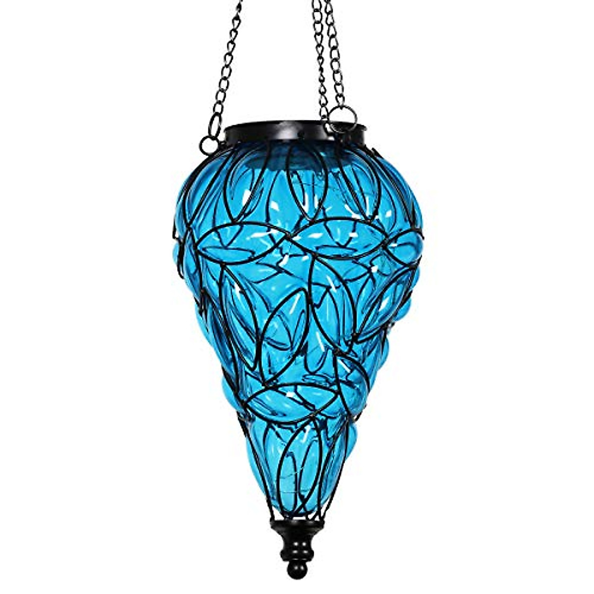 Exhart Outdoor Garden Solar Lights, Tear-Shaped Glass and Metal Hanging Lantern, 15 Firefly LED Lights, 7 x 24 Inch, Blue