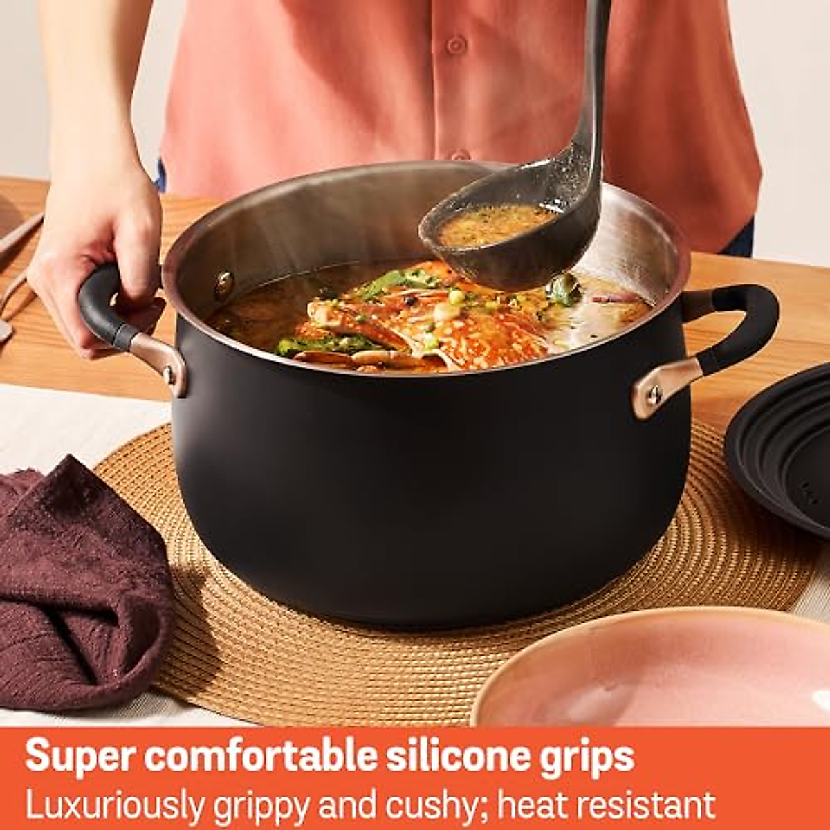 Meyer Stainless Steel Dutch Oven, 5 quart Stock Pot, 9.5" Induction Compatible Stockpot, Dishwasher Safe Casserole Pot, Oven Safe, Matte Black with Silicone Handles, Accent Series Cookware