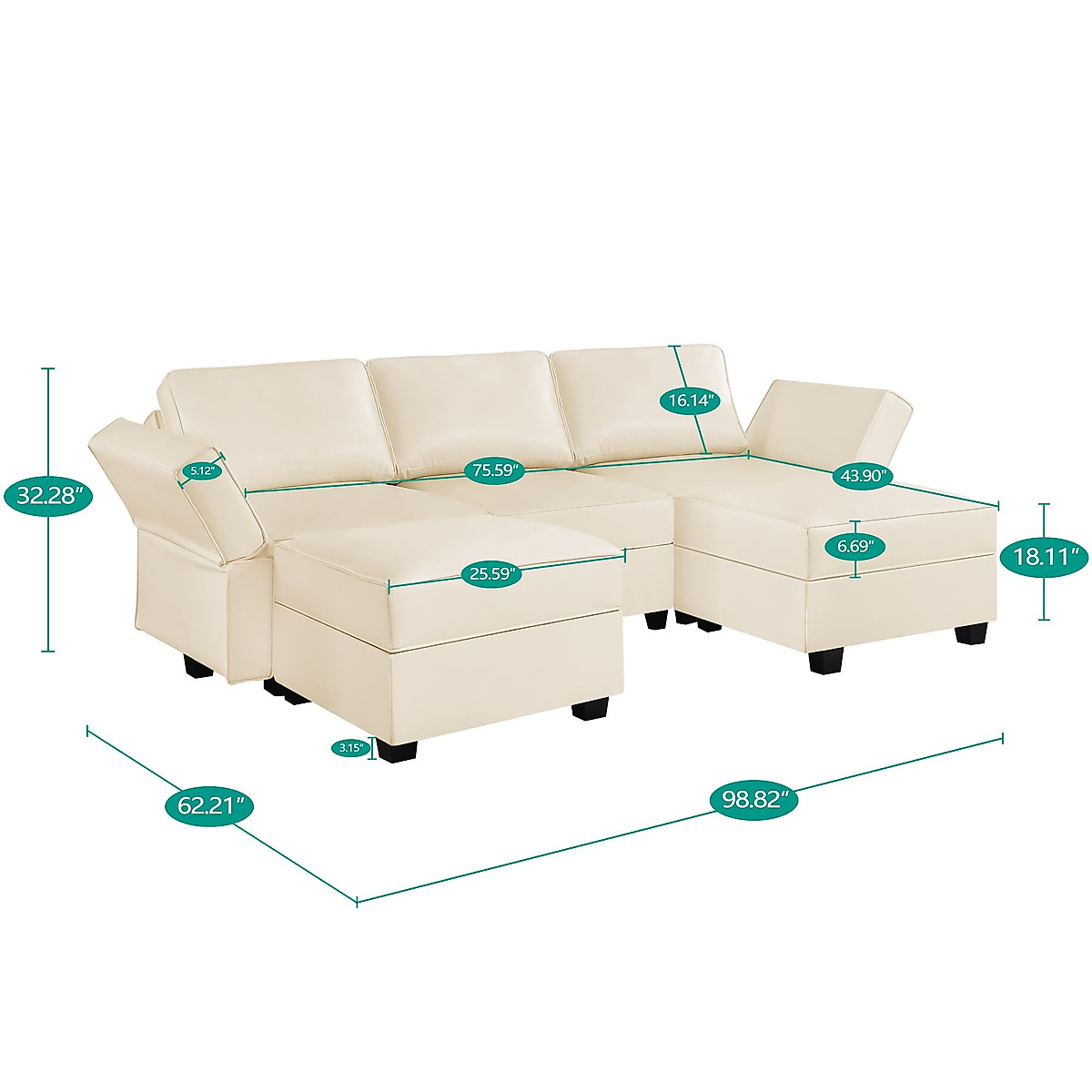 Naomi Home Sarah Modular Sectional Sofa with Double Chaise Air Leather U Shaped Sofa Reversible Sectional Couch with Storage - Beige