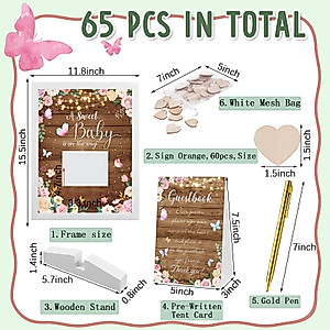 Kosiz Rustic Wood Floral Baby Shower Guest Book Alternatives Butterfly Pink Flower Guest Book Frame with Wooden Hearts for 60 Guests Baby Shower Sign Pregnancy Keepsake for Soon to Be Moms