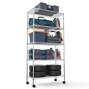5 Tier NSF Wire Shelf Shelving Unit, 14 x 30 x 60 Inch 750lbs Capacity Adjustable Storage Metal Rack with Wheels/Leveling Feet & Shelf Liners, Ideal for Garage, Kitchen, Office Home and More - Chrome