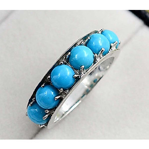 5 MM Round Cabochon Natural Sleeping Beauty Turquoise Gemstone 925 Sterling Silver December Birthstone Cluster Unisex Proposal Ring For Girlfriend Gift (Rhodium Plated Silver, 9.5)