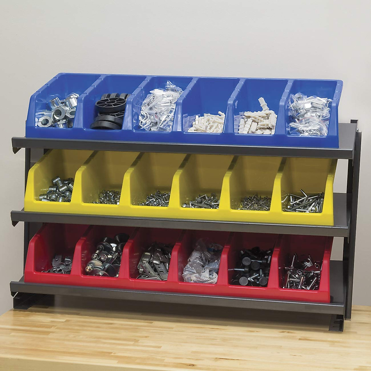 Akro-Mils APRBENCH Work Bench Storage Rack for Plastic Bins – 3 Angled Shelves (36-Inch W x 12-Inch D x 25-Inch H), Gray