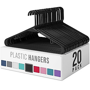 Plastic Clothes Hangers (20, 40, 60, 100 Packs) Heavy Duty Durable Coat and Clothes Hangers | Vibrant Color Hangers | Lightweight Space Saving Laundry Hangers (20 Pack - Black)