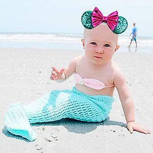 YanJie Mouse Ears Headbands, Glitter Party Mermaid Hot Pink Metallic Bow Favor Decoration Cosplay Costume for Girls Party (Green/Hot Pink)