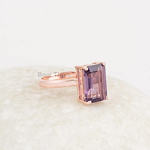 Bani Thani Jewelry Amethyst Quartz 8x12mm Rectangle Gemstone, Rose Gold Plated 925 Silver Ring, Handmade Amethyst Crystal Rings For Women (Silver, 9 US)